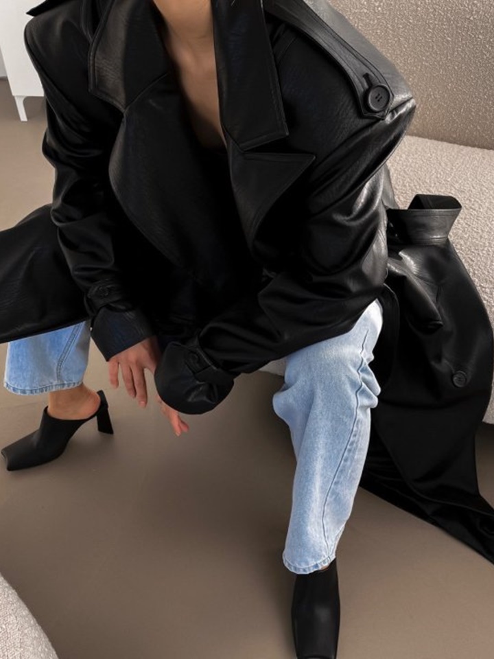 oversized double breasted vegan leather trench coat - KKAMI